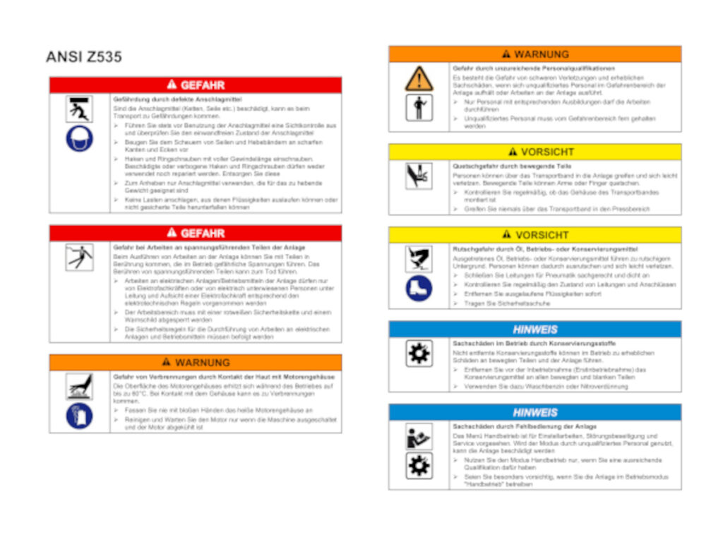 Warnhinweise nach ANSI Z535 und ISO 7010